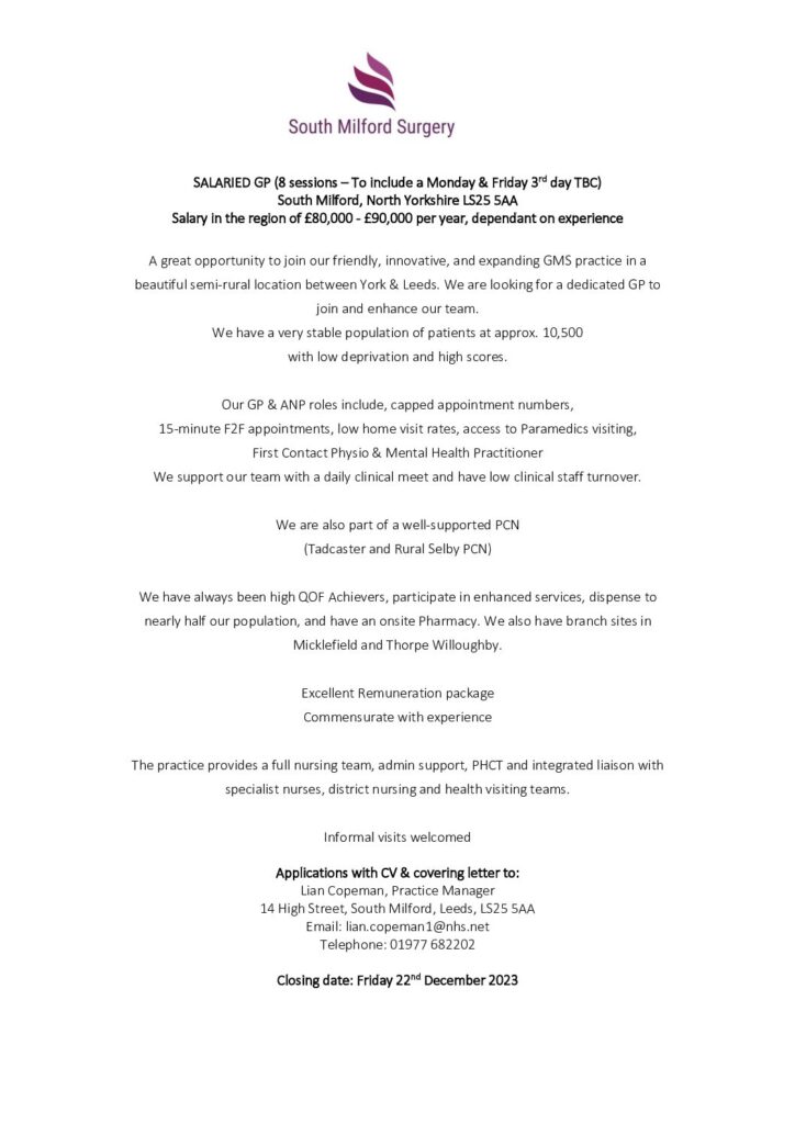 Practice Vacancies - South Milford Surgery